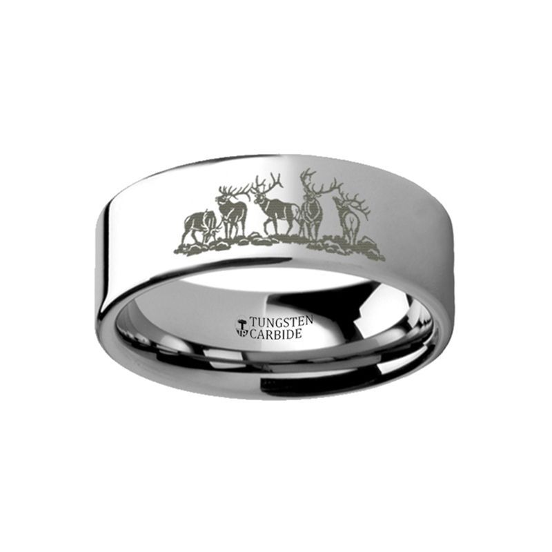 Animal Landscape Scene Five Deer Stag Hunting Ring Engraved Flat Tungs ...